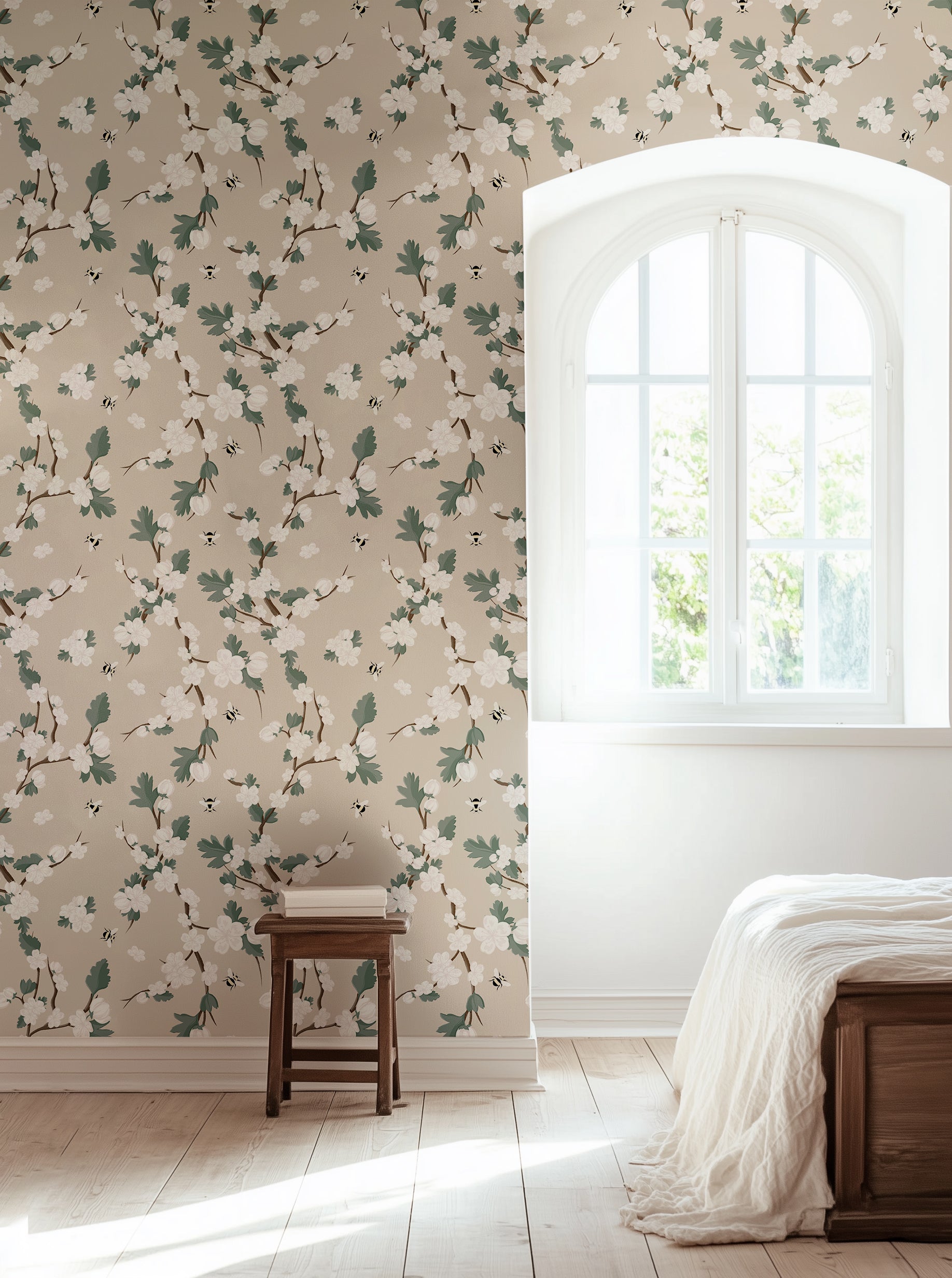 Hawthorn Flowers and Bees Peel and Stick Wallpaper - Floral, Flowers ...