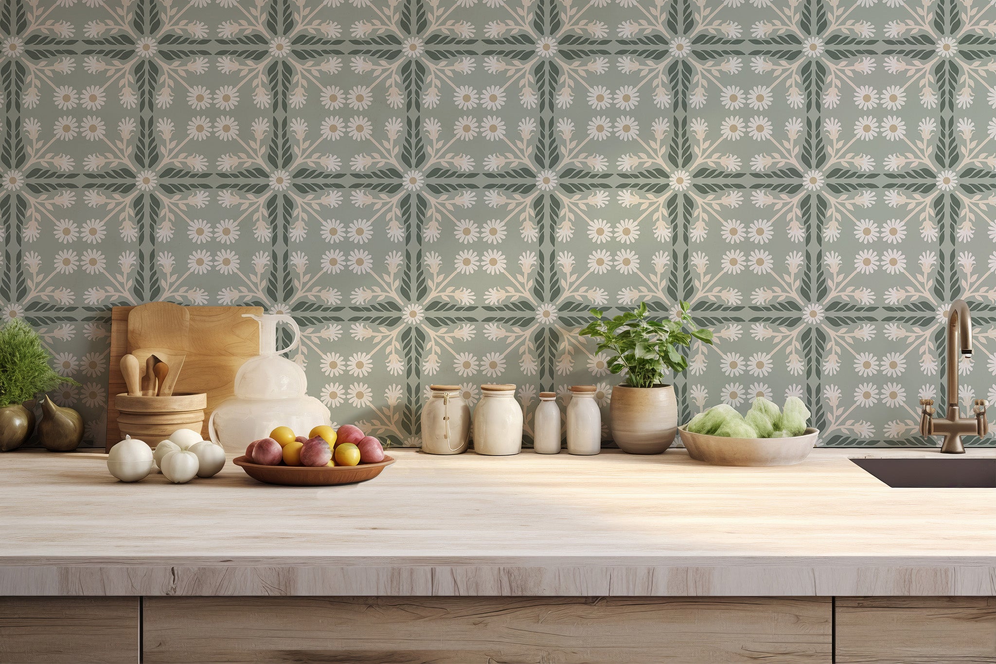 Geo Floral Tile Peel and Stick Wallpaper - Floral, Flowers, Geometric ...